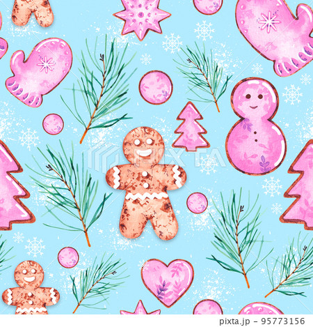 Watercolor Christmas pattern with gingerbread...のイラスト素材 [95773156] - PIXTA
