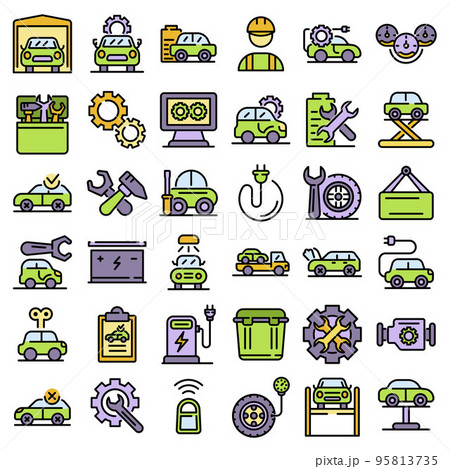 Electric vehicle repair icons set. Outline set...のイラスト素材 [95813735] - PIXTA