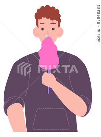 Boy eating cotton candy. Man with sweet dessertのイラスト素材 [95848281] - PIXTA