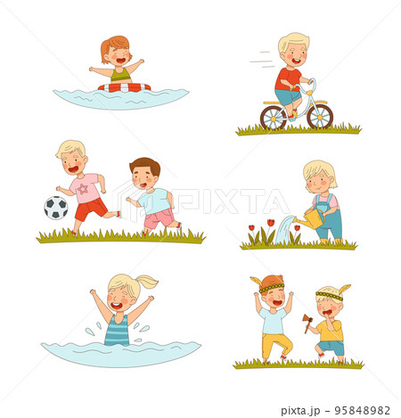 Happy kids performing summer outdoor activities...のイラスト素材 [95848982 ...
