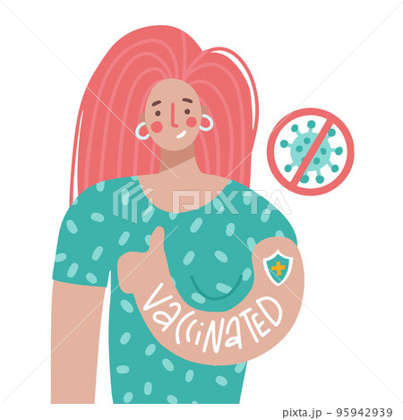 Pink haired woman after vaccination. Vaccine...のイラスト素材 [95942939] - PIXTA