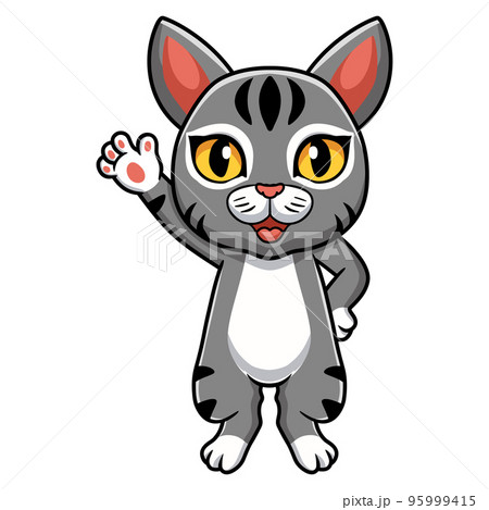 Cute manx cat cartoon waving handのイラスト素材 [95999415] - PIXTA