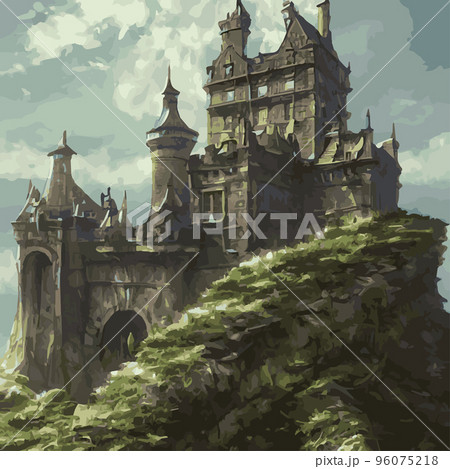 Gothic castle behind the gates in the moonlight...のイラスト素材 [96075218 ...
