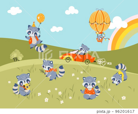 Cartoon raccoons on green meadow background....のイラスト素材 [96201617] - PIXTA