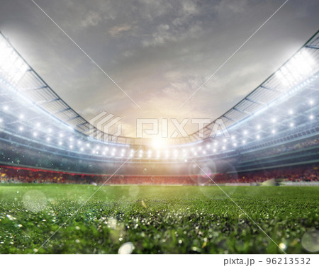 Midfield of grass soccer stadium field with...の写真素材 [96213532] - PIXTA
