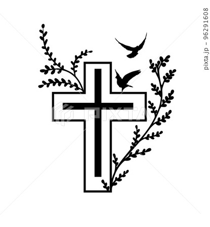 Black religious cross with a sprig and birds....のイラスト素材 [96291608] - PIXTA