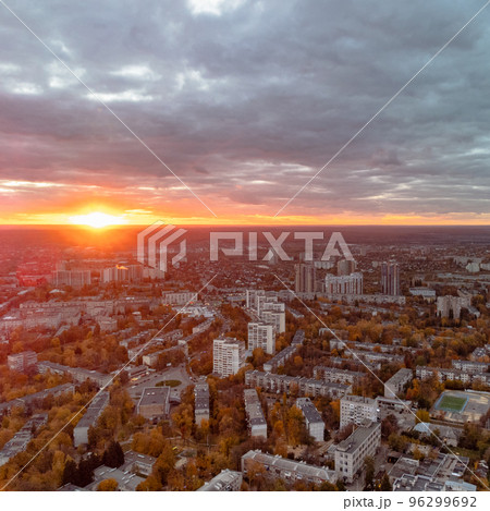 Aerial city view at sunset, Kharkiv center streetsの写真素材 [96299692] - PIXTA