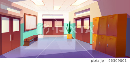 Hallway Lockers Cartoon Female Student Walking Through Hallway With