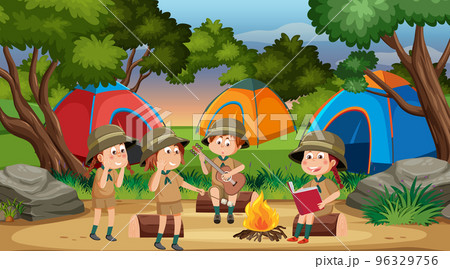 Children camping out forest sceneのイラスト素材 [96329756] - PIXTA