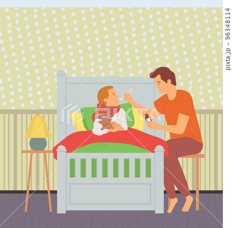Father Caring for Sick Child Daddy and Son in Roomのイラスト素材 [96348114 ...