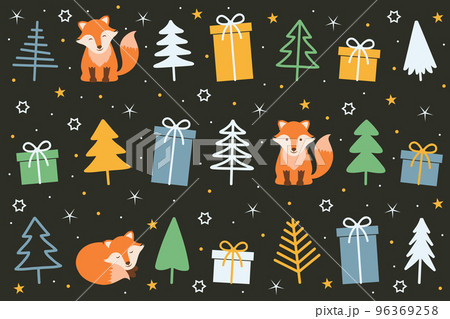 cute christmas motives fox tree and gift boxのイラスト素材 [96369258] - PIXTA