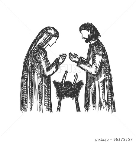 A drawing of a nativity scene. Joseph and Mary...のイラスト素材 [96375557] - PIXTA