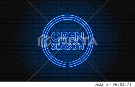 Neon sign open season in a circle on brick wall...のイラスト素材 [96382571 ...