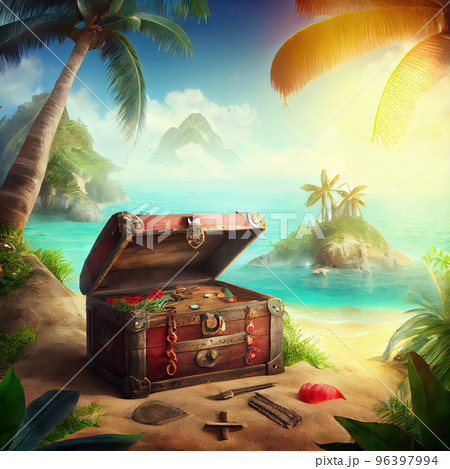 Pirate buried treasure chest on tropical islandのイラスト素材 [96397994] - PIXTA