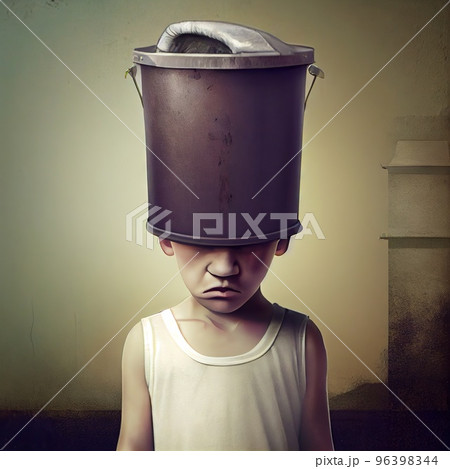 A child was put a trash can on his head, the...のイラスト素材 [96398344] - PIXTA