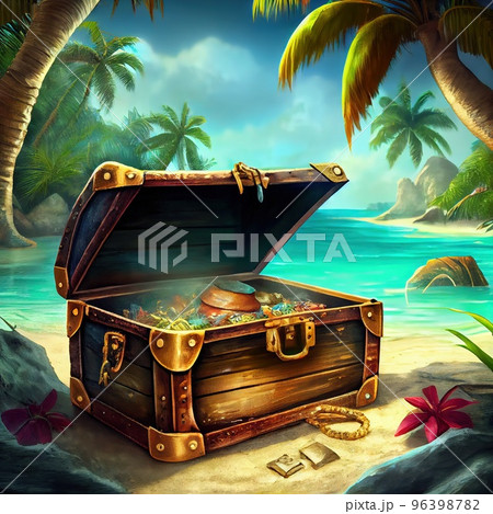 Pirate buried treasure chest on tropical islandのイラスト素材 [96398782] - PIXTA