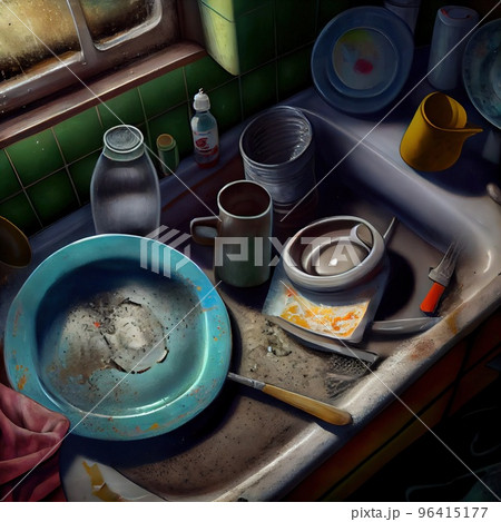 Complete washing of dirty dishes at homeのイラスト素材 [96415177] - PIXTA