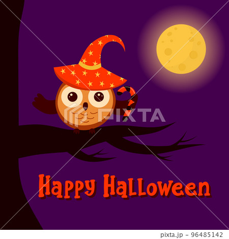 Cute owl in witch hat with candy is sitting on...のイラスト素材 [96485142] - PIXTA