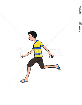 Yellow shirt boy running fast, in his slippers のイラスト素材 [96489873] - PIXTA