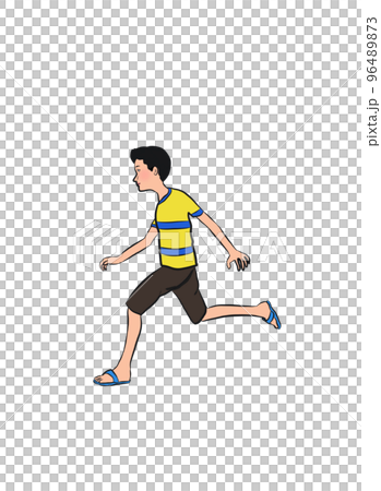 Yellow shirt boy running fast, in his slippers のイラスト素材 [96489873] - PIXTA