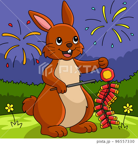 Rabbit Holding Fireworks Colored Cartoonのイラスト素材 [96557330] - PIXTA
