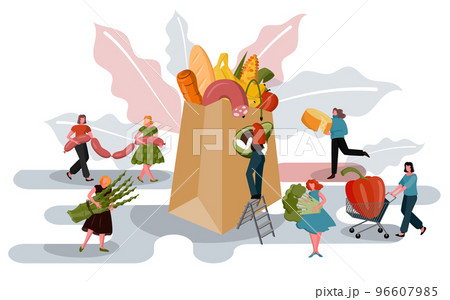 Food donate concept. Volunteers collect meal...のイラスト素材 [96607985] - PIXTA