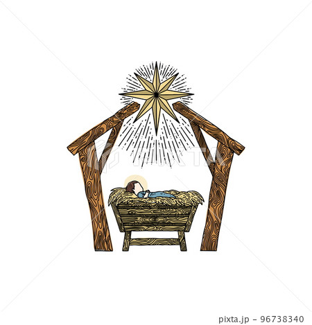 The Nativity Scene. A hand-drawn manger for the...のイラスト素材 [96738340 ...