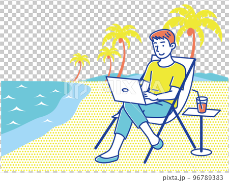 A man enjoying a workation at a resort - Stock Illustration [96789383 ...