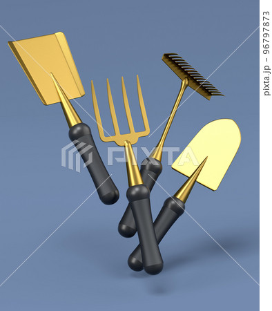 Garden shovel, pitchfork and rake on grey...のイラスト素材 [96797873] - PIXTA