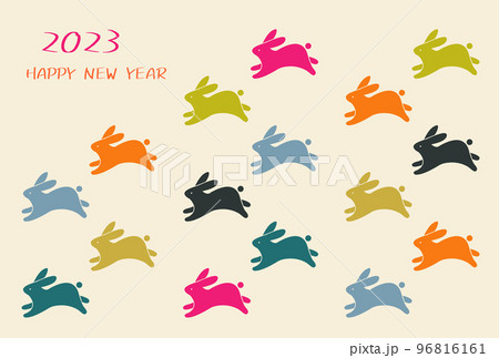 2023年卯年 ウサギがたくさんのカラフルな年賀状テンプレートのイラスト素材 [96816161] - PIXTA