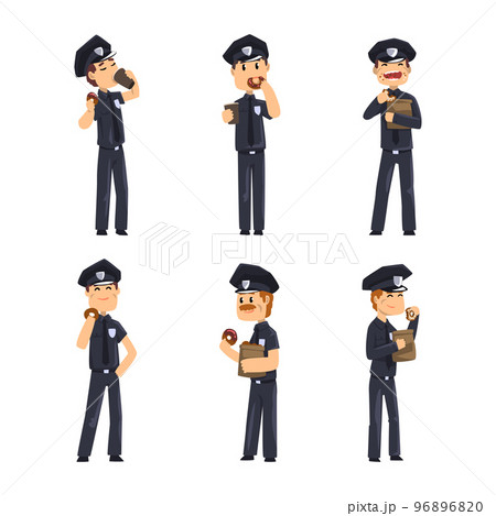 Male Police Officers in Uniform Eating Donuts...のイラスト素材 [96896820] - PIXTA