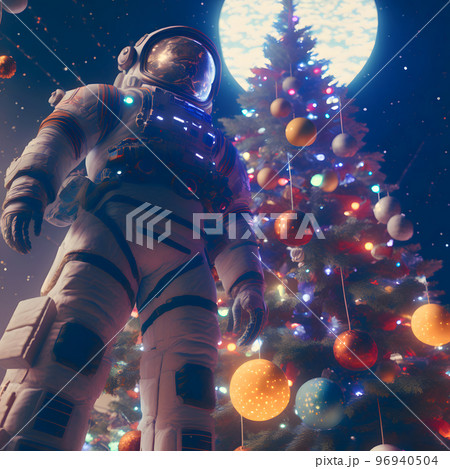 astronaut stands next to a christmas tree...のイラスト素材 [96940504] - PIXTA