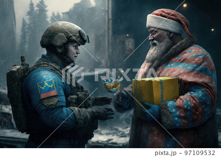 santa claus giving gift to a ukraine war...のイラスト素材 [97109532] - PIXTA