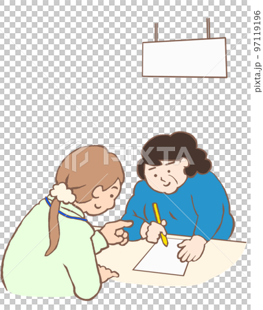 一位中年婦女在市政廳窗口填寫申請表的插圖-插圖素材 [97119196] - PIXTA圖庫