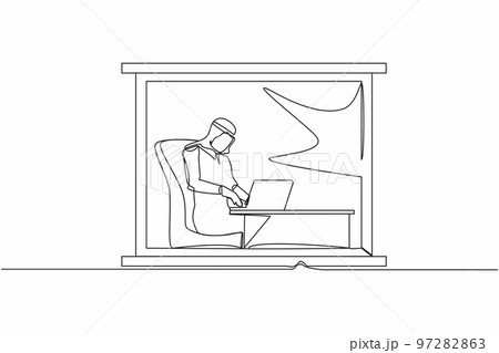 Single continuous line drawing Arab man working...のイラスト素材 [97282863 ...