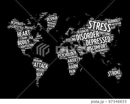 Stress word cloud in shape of world map, health...のイラスト素材 [97346655 ...