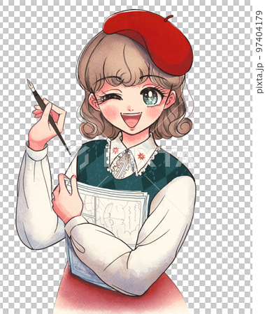 A girl cartoonist wearing a beret laughing with... - Stock Illustration ...