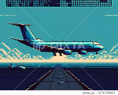Passenger airplane landing to airport, 8 bit...のイラスト素材 [97479665] - PIXTA