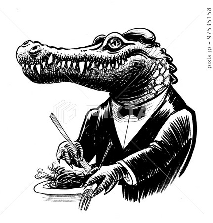 Hungry alligator eating lunch. Ink black and...のイラスト素材 [97535158] - PIXTA
