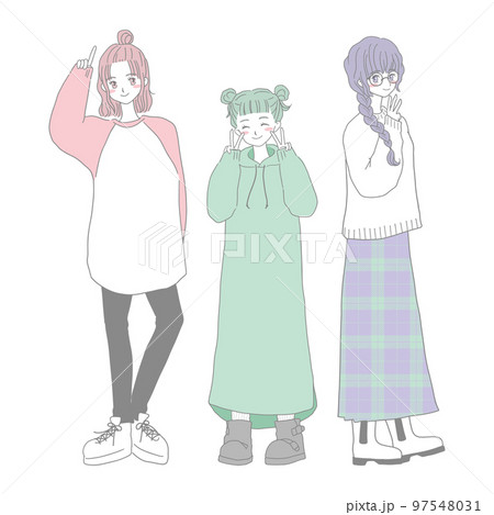かわいい女性3人の全身イラスト 背景なしのイラスト素材 [97548031] - PIXTA