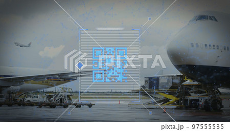 Image of a blue QR code over an airplane taking...のイラスト素材 [97555535 ...
