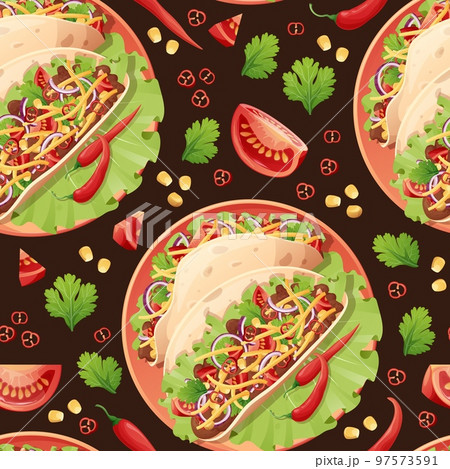 Seamless pattern with tacos. Texture with...のイラスト素材 [97573591] - PIXTA