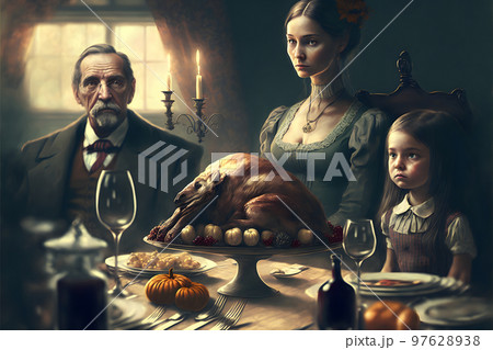 creepy family at thanksgiving table with served...のイラスト素材 [97628938 ...