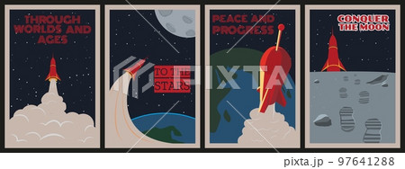 Retro space poster. Vintage rocket. Soviet art....のイラスト素材 [97641288 ...
