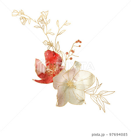 Watercolor bouquet of gold linear flowers. Hand...のイラスト素材 [97694085 ...