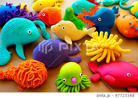 Multicolored plasticine marine animals lying on...のイラスト素材 [97723568 ...
