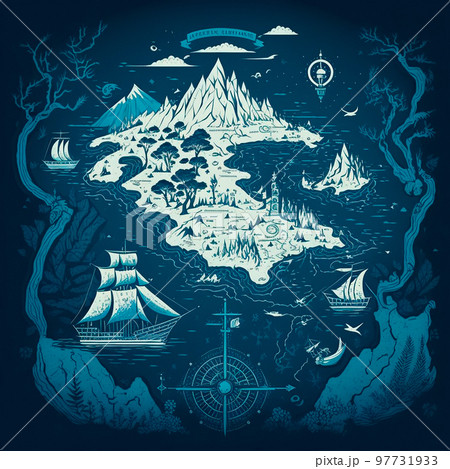 beautiful blue treasure and island map, travel mapのイラスト素材 [97731933 ...