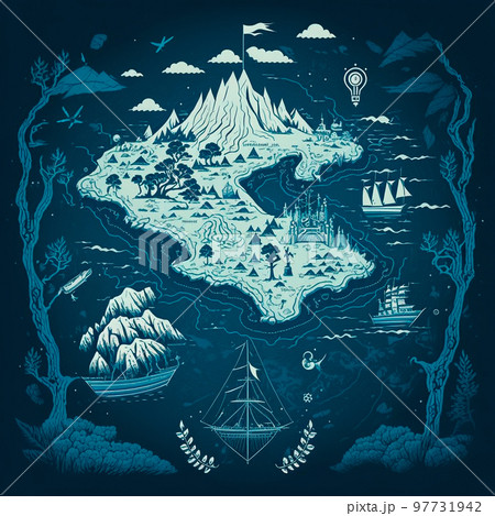 beautiful blue treasure and island map, travel mapのイラスト素材 [97731942 ...