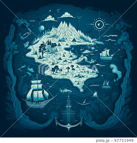 beautiful blue treasure and island map, travel mapのイラスト素材 [97731949 ...