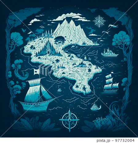 beautiful blue treasure and island map, travel mapのイラスト素材 [97732004 ...